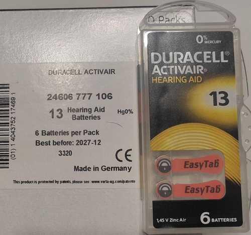 Батарейки duracell 13 для слуховых аппаратов