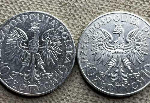 10 злотых 1932 и 1933 Польша Ядвига серебро