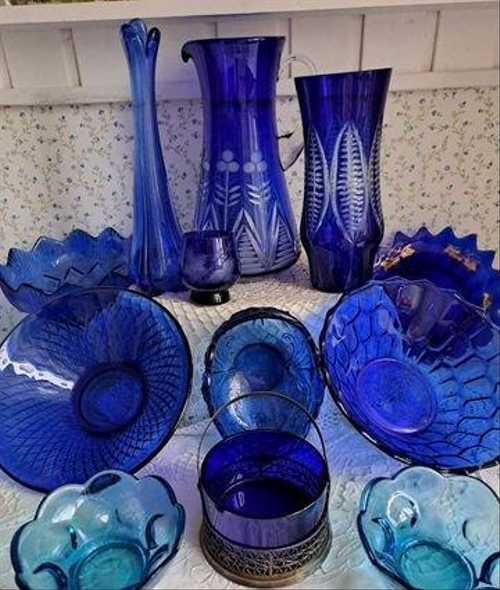 Цветное синее стекло ссср, ваза, конфетница