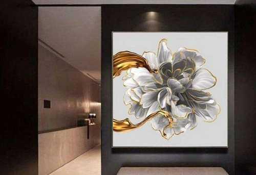 Картина маслом Белый цветок всплеском золота Холст