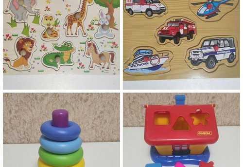 Детские игрушки: пазлы-вкладыши, пирамидка, сортер