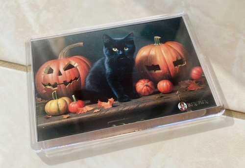 Магнит "Черный кот и тыквы на Halloween"