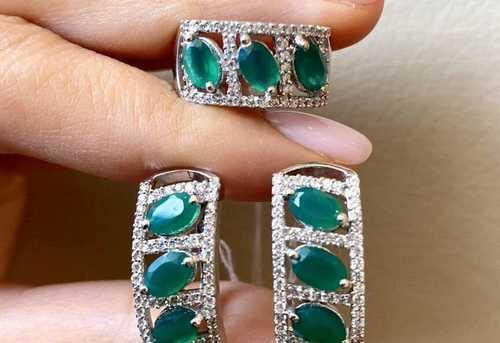 Серебряные серьги и кольцо зеленый агат