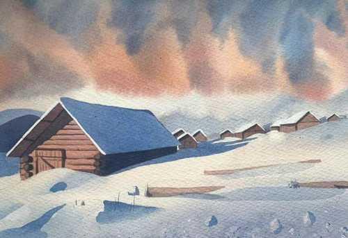 Картина акварель зима крыши