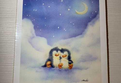 Картина новая 24х30 Влюблённые пингвины ночью