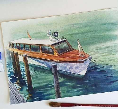 Картина акварель Лодка катер на воде