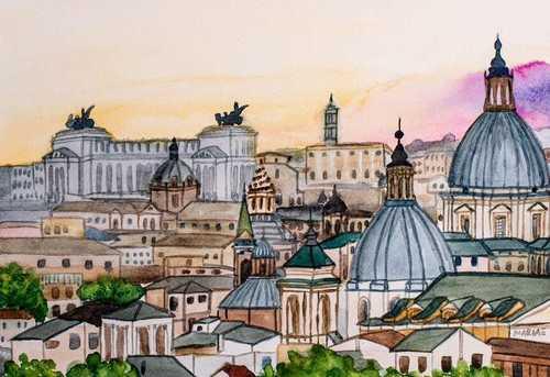 Картина оригинал акварель Рим на закате пейзаж