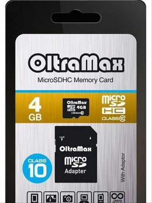 Карта памяти 4GB Micro-SD OltraMax+SD Class 10 Bla