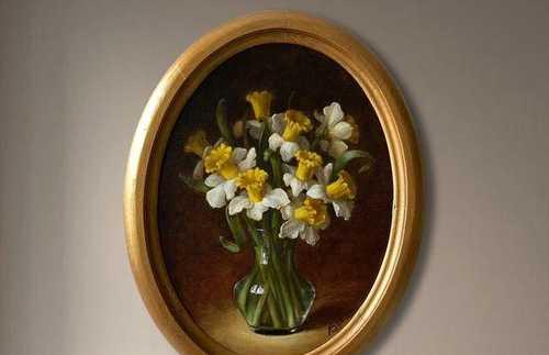 Картина маслом цветы в деревянной раме 46х36 см