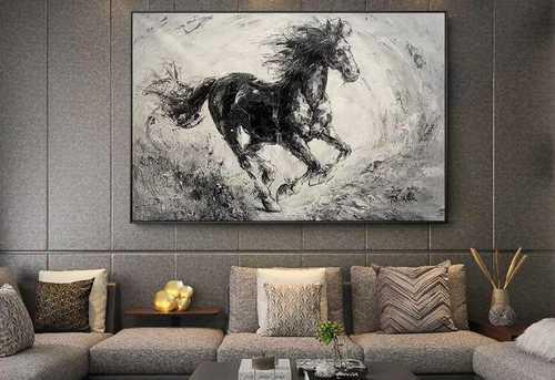 Черно-белая абстрактная картина маслом с лошадью