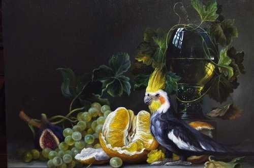 Картина маслом "Натюрморт с попугаем"