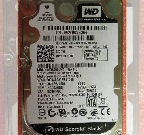 Dell WD WD800bjkt-75F4T0 80Gb 2.5" SATA 3GB/s 7.2K