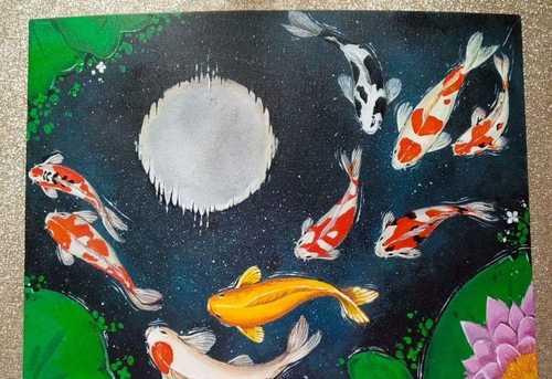 Акриловая картина, карпы кои, японские рыбы