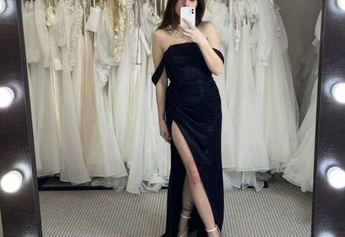 Вечернее блестящее черное платье в пол 44-46