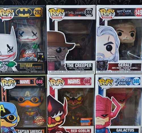 Funko pop Marvel, batman, creeper, witcher