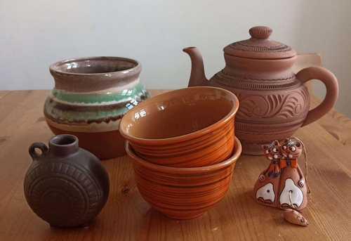 Глиняная посуда: чайник, горшок, пиалы и др