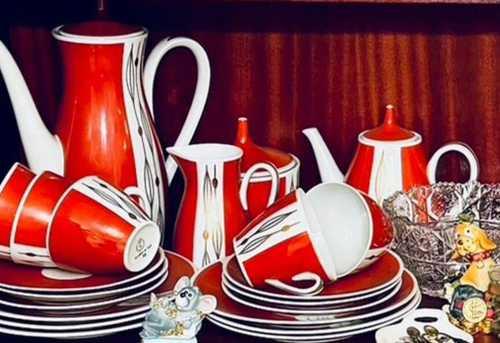 Красный сервиз ГДР, вазы и салатницы Богемия СССР