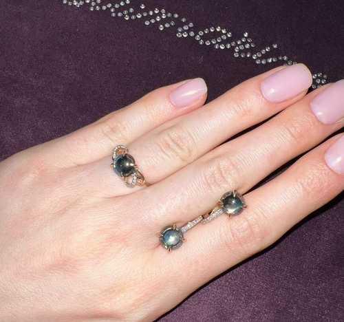 Золотой комплект серьги и кольцо 585пр, тигр глаз