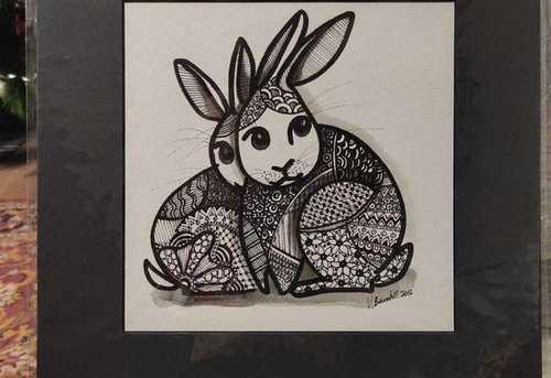 Картина чернилами с зайцами к нг, 30х30см