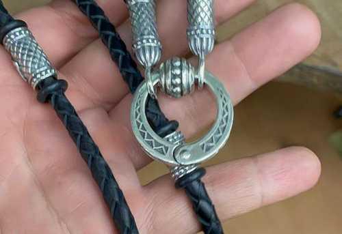 Кожаный гайтан руны и кольцо, серебро 925