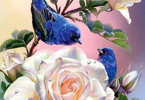 Алмазная мозаика 30x40 Пара синих птичек на цветущ