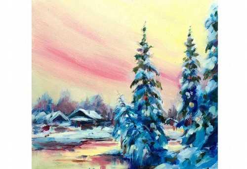 Зимний русский пейзаж с домиками. Картина