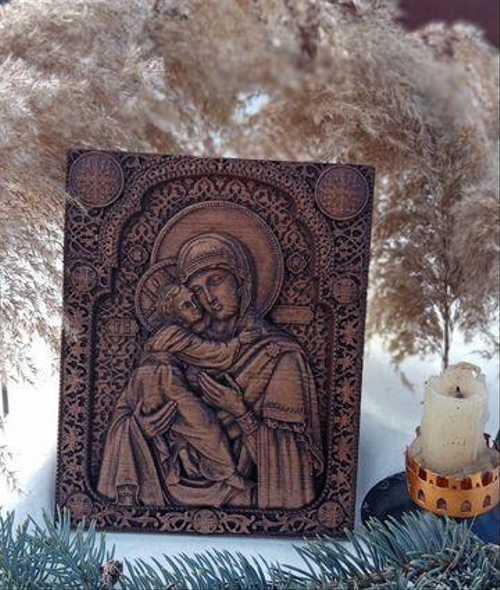 Резная Икона из Дерева Божья Матерь Владимирская