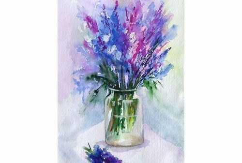 Картина акварель цветы букет лаванды
