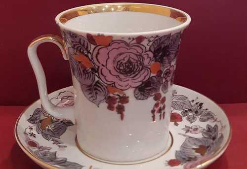 Фарфоровый чайный бокал с блюдцем "Розы" лфз