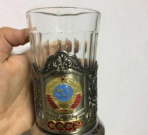 Подстаканник СССР эмаль герб со стаканом