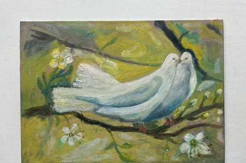 Картина маслом "Любовь и голуби", холст 25х35см