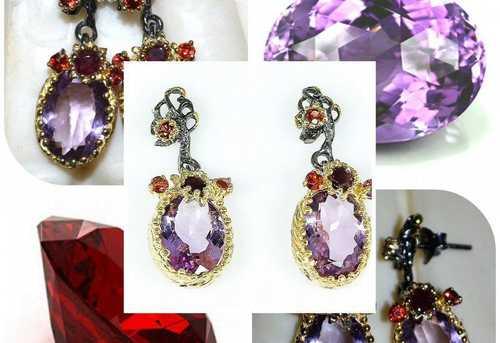 Серьги серебро, позолота, аметисты, гранаты