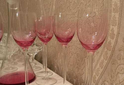 Бокалы для вина и штоф хрусталь розовый
