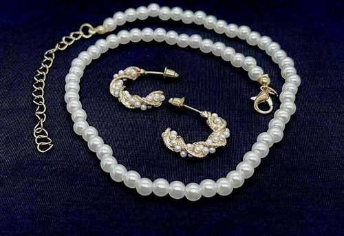 Женское жемчужное ожерелье и серьги перламутр