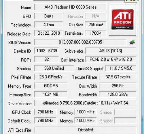 Видеокарта asus AMD Radeon HD 6850 1G