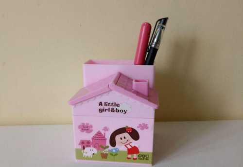 Подставка домик для канцтоваров карандашей розовая
