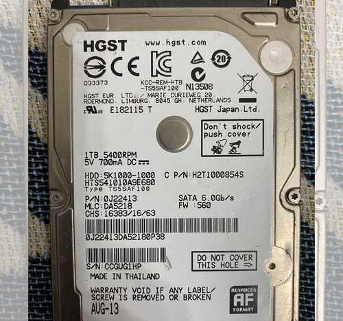 Жесткий диск hgst 1tb HTS541010A9E680 100% раб