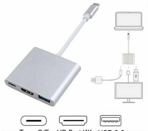 Адаптер с USB-C на hdmi 4K + USB3.0 + Type C