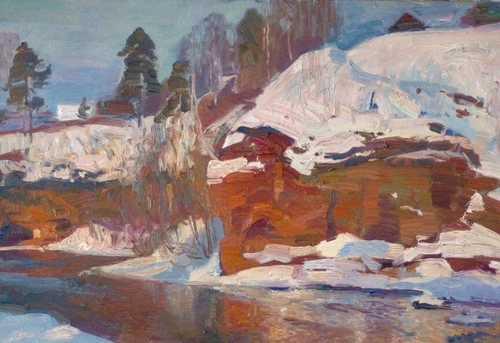 Картина "Зима на реке Оредеж. Девонский утес"