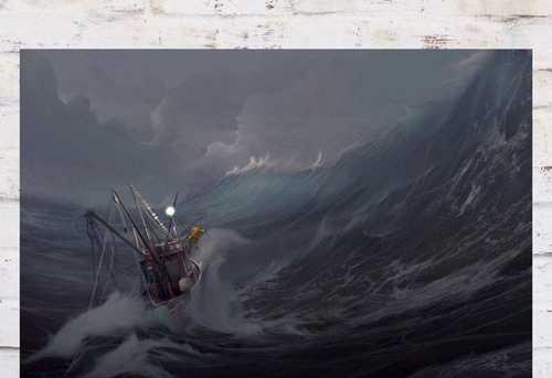 Картина шторм в море большая волна океан буря