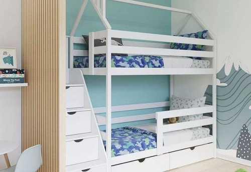 Двухъярусная кровать Домик с лестницей-комодом