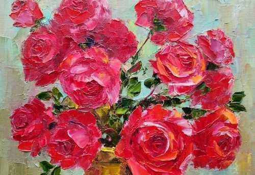 Картина Розы маслом. Букет красных роз