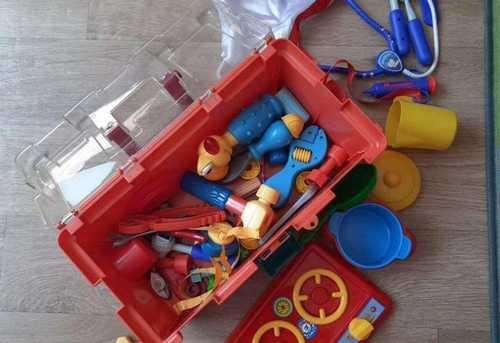 Игрушки набор строителя, посудка детская, больница