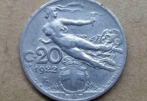 Монета Италии 20 чентезимо 1922 Богиня Виктория