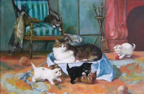 Картина маслом "Кошки у камина"