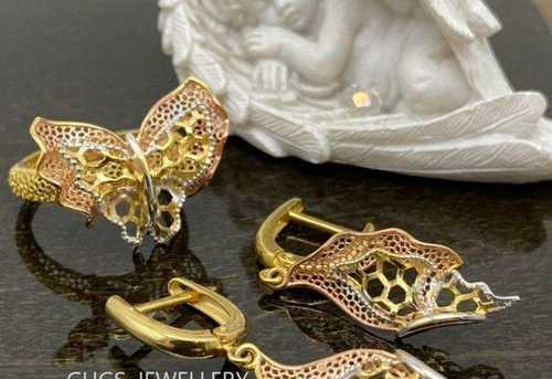 Серьги и кольцо бабочки ажурные из золота Итали