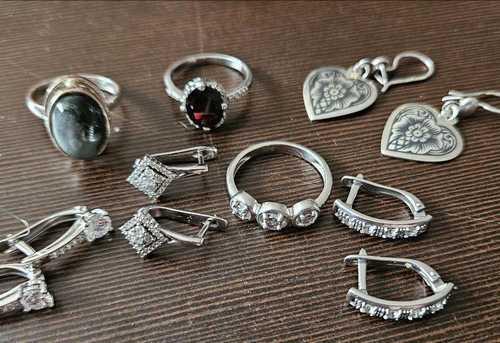 Серебряные серьги с фианит., кольца с нат.камнями