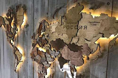 Панно, карта мира из дерева