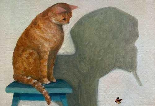 Мини картина маслом рыжий кот сфинкс бабочка