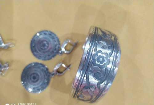 Кубачинское серебро браслет, серьги, кольцо